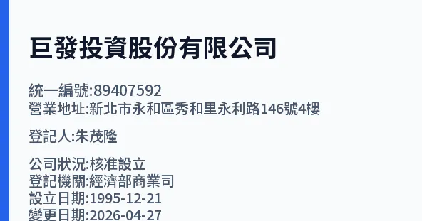 巨發投資股份有限公司的照片-統編 89407592(新北市) 公司登記資料與營業項目詳細圖表
