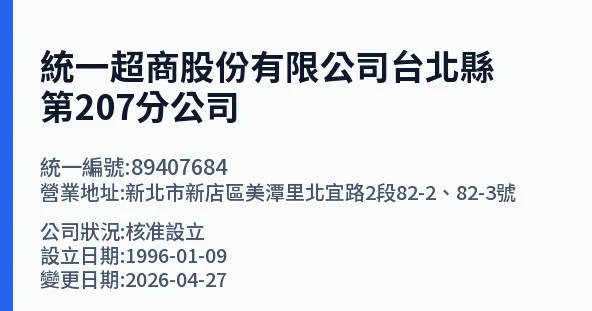 統一超商股份有限公司台北縣第207分公司的照片-統編 89407684(新北市) 公司登記資料與營業項目詳細圖表