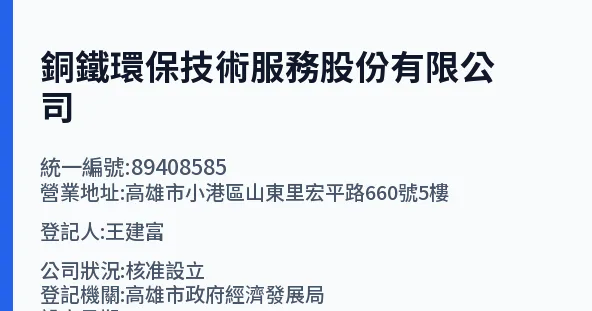 銅鐵環保技術服務股份有限公司的照片-統編 89408585(高雄市) 公司登記資料與營業項目詳細圖表