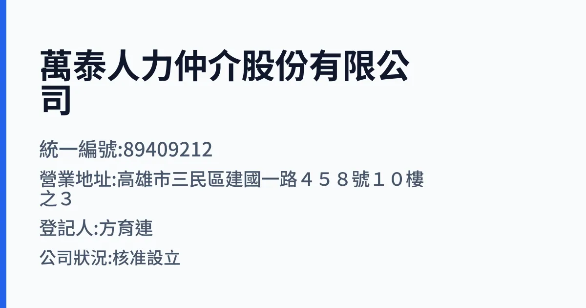 萬泰人力仲介股份有限公司 - 統編 89409212(高雄市) 公司登記資料與營業項目詳細圖表