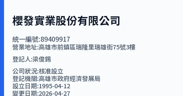 櫻發實業股份有限公司的照片-統編 89409917(高雄市) 公司登記資料與營業項目詳細圖表