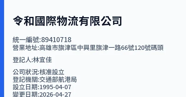 令和國際物流有限公司的照片-統編 89410718(高雄市) 公司登記資料與營業項目詳細圖表