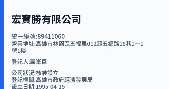 宏寶勝有限公司的照片-統編 89411060(高雄市) 公司登記資料與營業項目詳細圖表