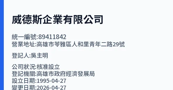 威德斯企業有限公司的照片-統編 89411842(高雄市) 公司登記資料與營業項目詳細圖表