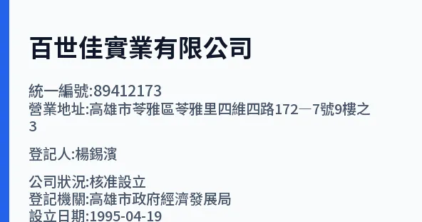 百世佳實業有限公司的照片-統編 89412173(高雄市) 公司登記資料與營業項目詳細圖表