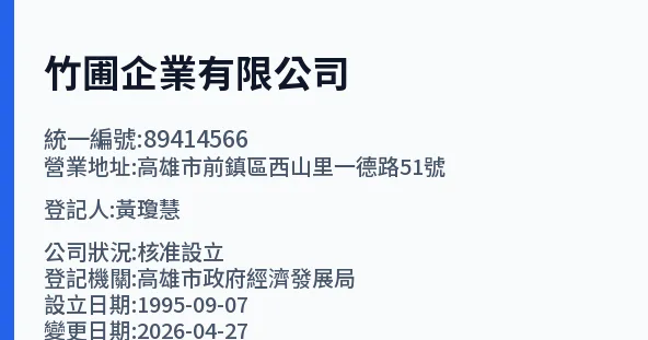 竹圃企業有限公司的照片-統編 89414566(高雄市) 公司登記資料與營業項目詳細圖表