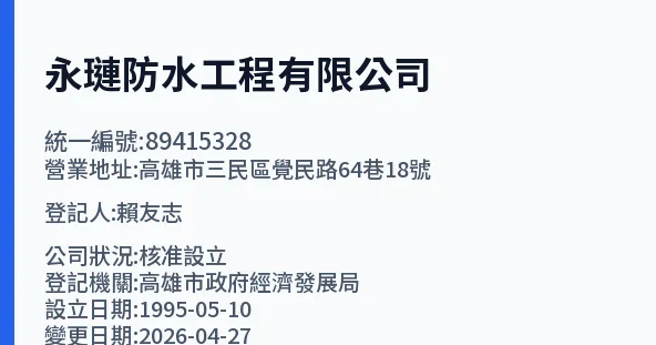 永璉防水工程有限公司的照片-統編 89415328(高雄市) 公司登記資料與營業項目詳細圖表