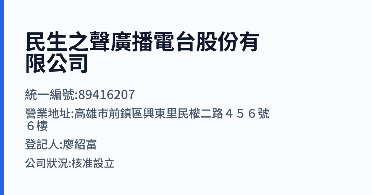 民生之聲廣播電台股份有限公司 - 統編 89416207(高雄市) 公司登記資料與營業項目詳細圖表