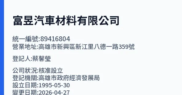 富昱汽車材料有限公司的照片-統編 89416804(高雄市) 公司登記資料與營業項目詳細圖表