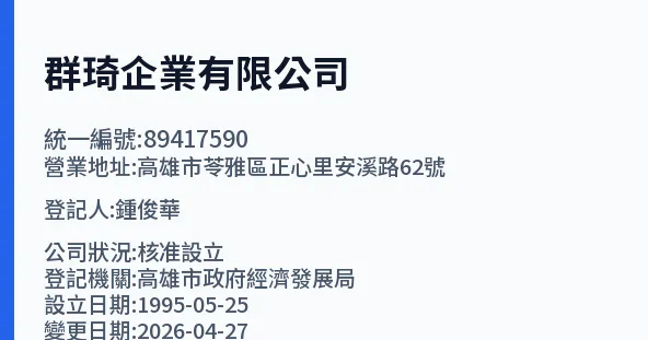 群琦企業有限公司的照片-統編 89417590(高雄市) 公司登記資料與營業項目詳細圖表