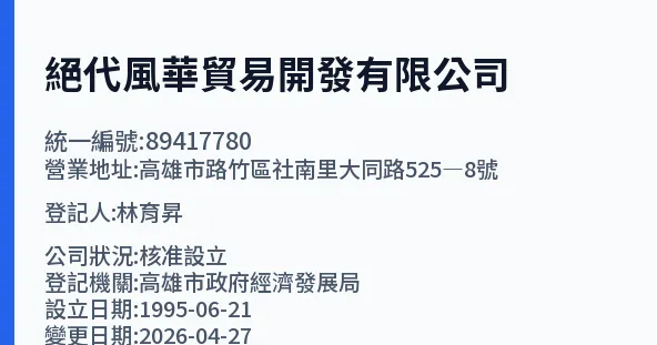 絕代風華貿易開發有限公司的照片-統編 89417780(高雄市) 公司登記資料與營業項目詳細圖表