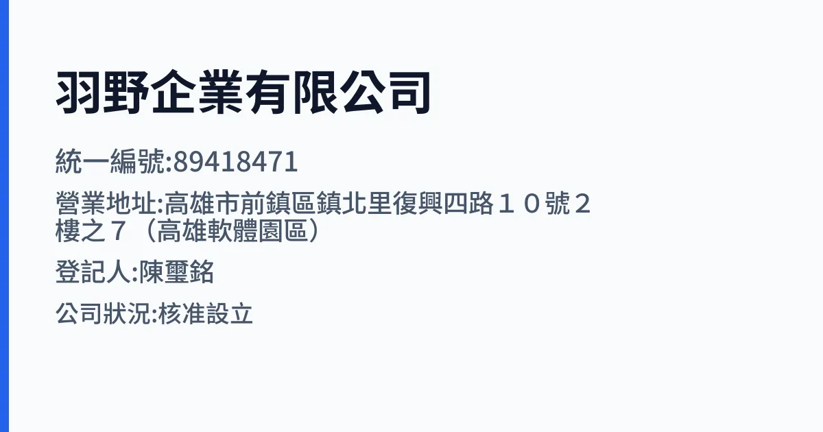 羽野企業有限公司 - 統編 89418471(高雄市) 公司登記資料與營業項目詳細圖表