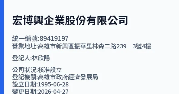 宏博興企業股份有限公司的照片-統編 89419197(高雄市) 公司登記資料與營業項目詳細圖表