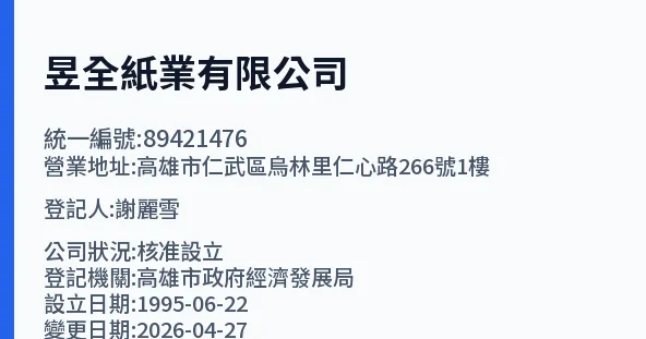 昱全紙業有限公司的照片-統編 89421476(高雄市) 公司登記資料與營業項目詳細圖表