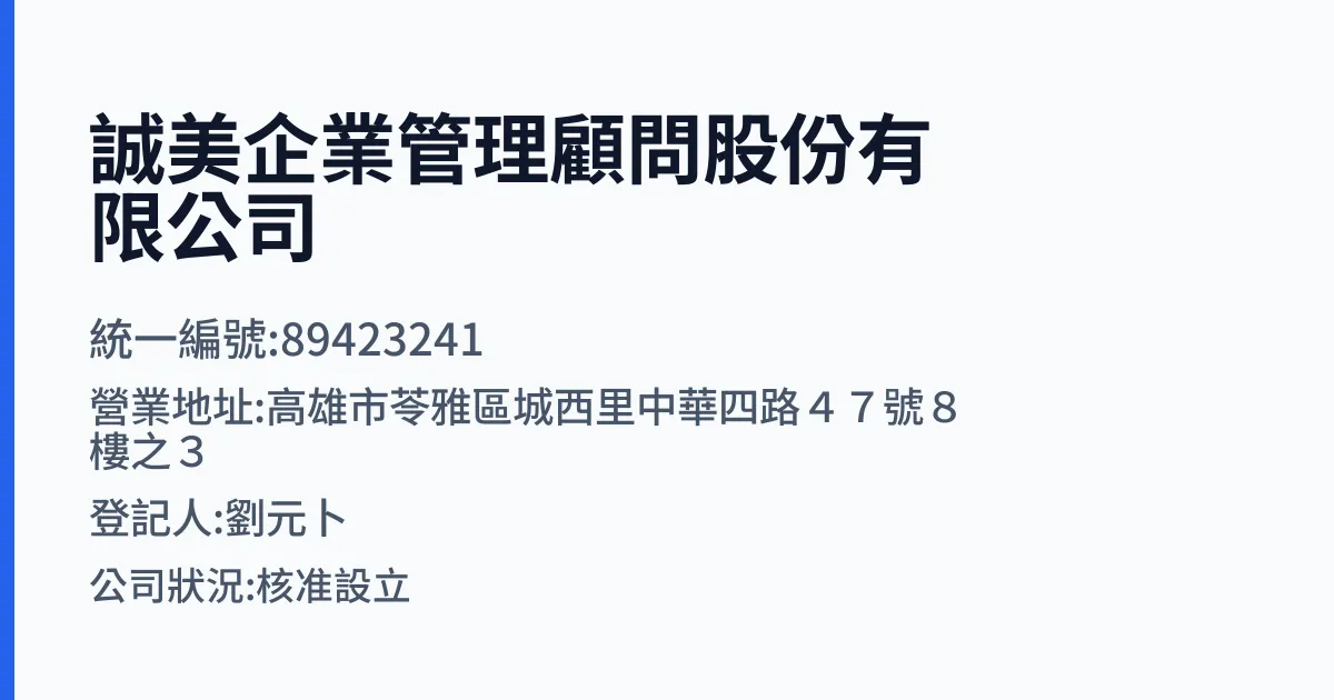 誠美企業管理顧問股份有限公司 - 統編 89423241(高雄市) 公司登記資料與營業項目詳細圖表