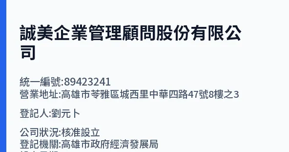 誠美企業管理顧問股份有限公司的照片-統編 89423241(高雄市) 公司登記資料與營業項目詳細圖表