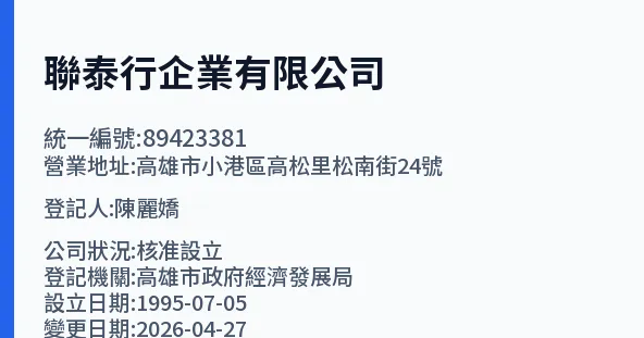聯泰行企業有限公司的照片-統編 89423381(高雄市) 公司登記資料與營業項目詳細圖表