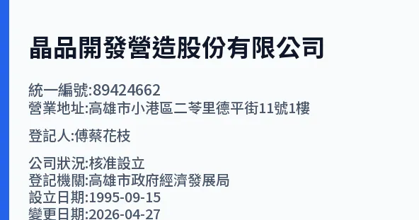 晶品開發營造股份有限公司的照片-統編 89424662(高雄市) 公司登記資料與營業項目詳細圖表