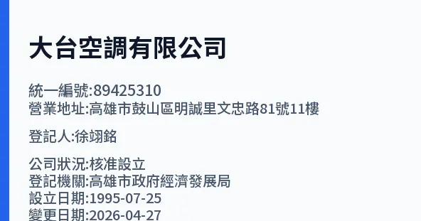 大台空調有限公司的照片-統編 89425310(高雄市) 公司登記資料與營業項目詳細圖表