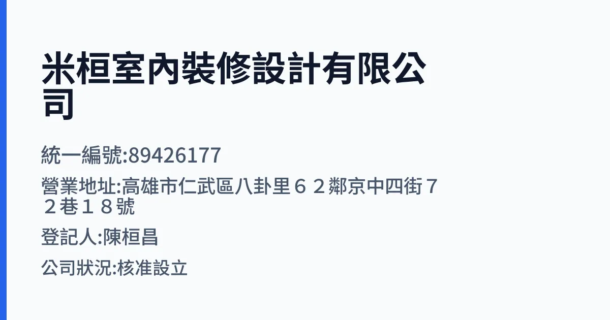 米桓室內裝修設計有限公司 - 統編 89426177(高雄市) 公司登記資料與營業項目詳細圖表