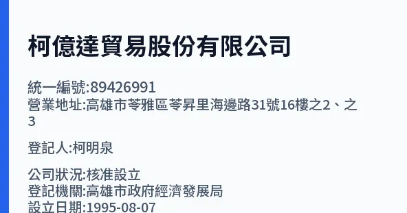 柯億達貿易股份有限公司的照片-統編 89426991(高雄市) 公司登記資料與營業項目詳細圖表