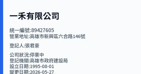 一禾有限公司的照片-統編 89427605(高雄市) 公司登記資料與營業項目詳細圖表