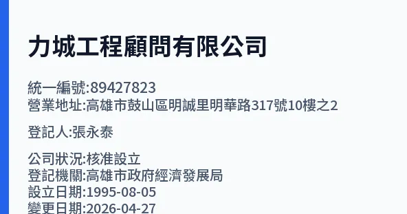 力城工程顧問有限公司的照片-統編 89427823(高雄市) 公司登記資料與營業項目詳細圖表