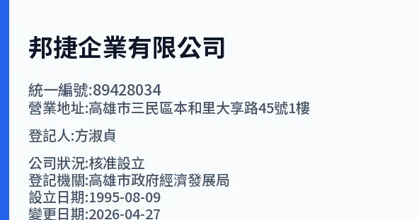邦捷企業有限公司的照片-統編 89428034(高雄市) 公司登記資料與營業項目詳細圖表