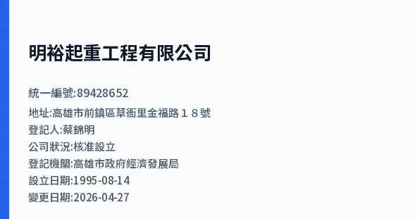 明裕起重工程有限公司的照片-統編 89428652(高雄市) 公司登記資料與營業項目詳細圖表