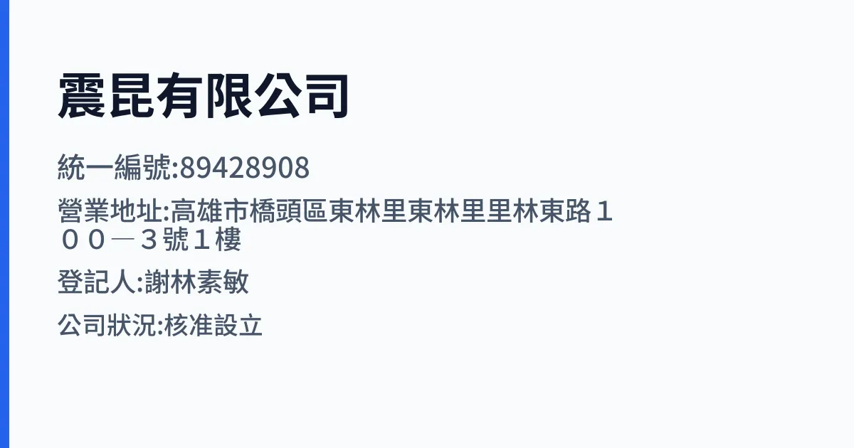 震昆有限公司 - 統編 89428908(高雄市) 公司登記資料與營業項目詳細圖表