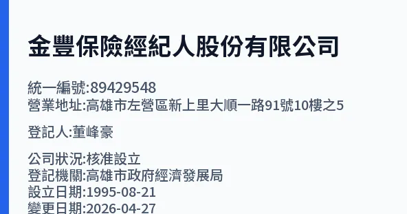金豐保險經紀人股份有限公司的照片-統編 89429548(高雄市) 公司登記資料與營業項目詳細圖表