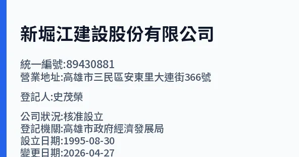 新堀江建設股份有限公司的照片-統編 89430881(高雄市) 公司登記資料與營業項目詳細圖表
