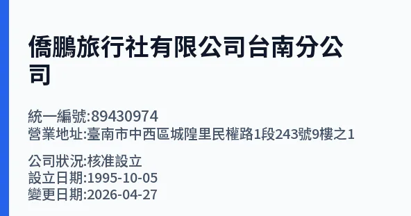 僑鵬旅行社有限公司台南分公司的照片-統編 89430974(臺南市) 公司登記資料與營業項目詳細圖表