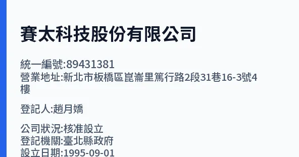 賽太科技股份有限公司的照片-統編 89431381(新北市) 公司登記資料與營業項目詳細圖表