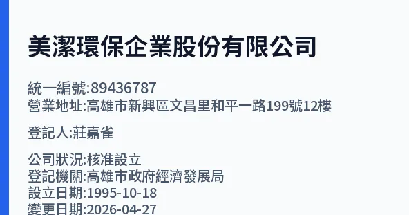美潔環保企業股份有限公司的照片-統編 89436787(高雄市) 公司登記資料與營業項目詳細圖表