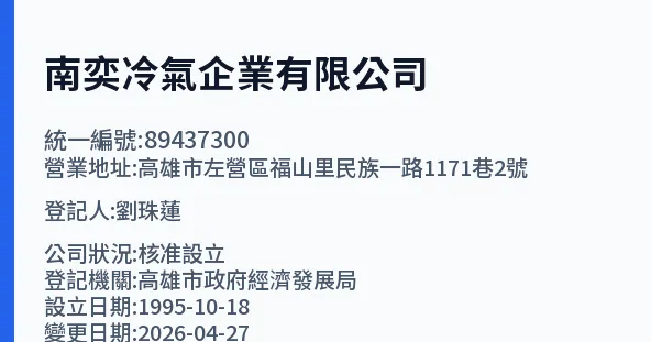 南奕冷氣企業有限公司的照片-統編 89437300(高雄市) 公司登記資料與營業項目詳細圖表