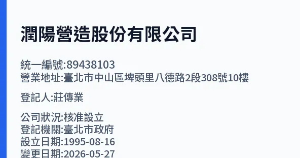 潤陽營造股份有限公司的照片-統編 89438103(臺北市) 公司登記資料與營業項目詳細圖表
