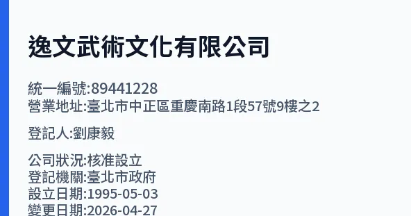 逸文武術文化有限公司的照片-統編 89441228(臺北市) 公司登記資料與營業項目詳細圖表