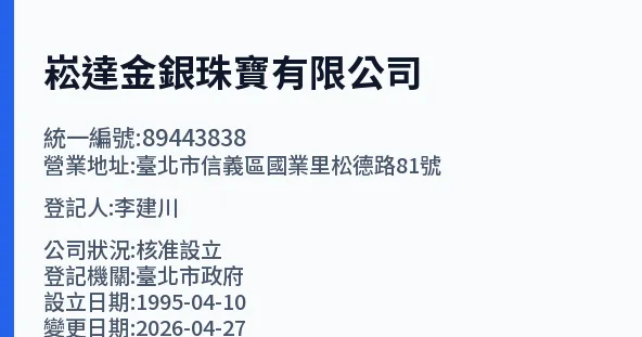 崧達金銀珠寶有限公司的照片-統編 89443838(臺北市) 公司登記資料與營業項目詳細圖表