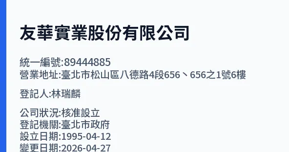 友華實業股份有限公司的照片-統編 89444885(臺北市) 公司登記資料與營業項目詳細圖表