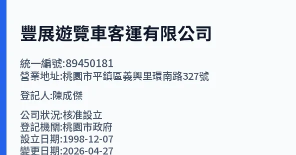豐展遊覽車客運有限公司的照片-統編 89450181(桃園市) 公司登記資料與營業項目詳細圖表
