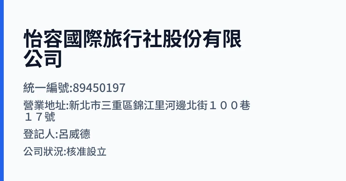 怡容國際旅行社股份有限公司 - 統編 89450197(新北市) 公司登記資料與營業項目詳細圖表