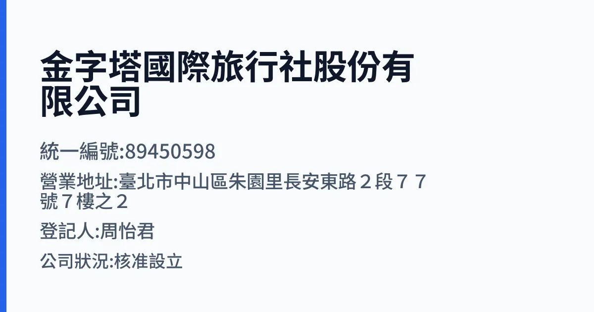 金字塔國際旅行社股份有限公司 - 統編 89450598(臺北市) 公司登記資料與營業項目詳細圖表
