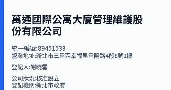 萬通國際公寓大廈管理維護股份有限公司的照片-統編 89451533(新北市) 公司登記資料與營業項目詳細圖表