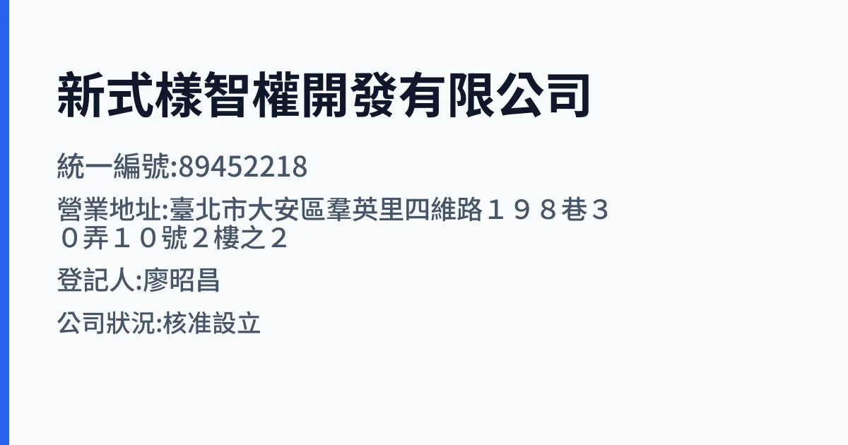 新式樣智權開發有限公司 - 統編 89452218(臺北市) 公司登記資料與營業項目詳細圖表