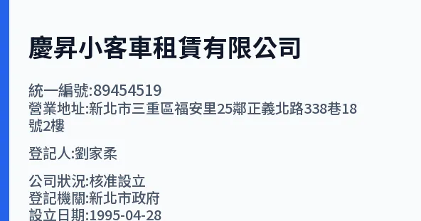 慶昇小客車租賃有限公司的照片-統編 89454519(新北市) 公司登記資料與營業項目詳細圖表