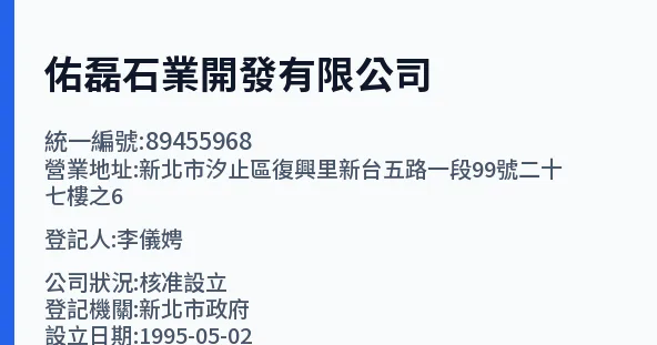 佑磊石業開發有限公司的照片-統編 89455968(新北市) 公司登記資料與營業項目詳細圖表