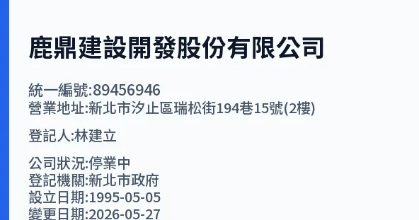鹿鼎建設開發股份有限公司的照片-統編 89456946(新北市) 公司登記資料與營業項目詳細圖表