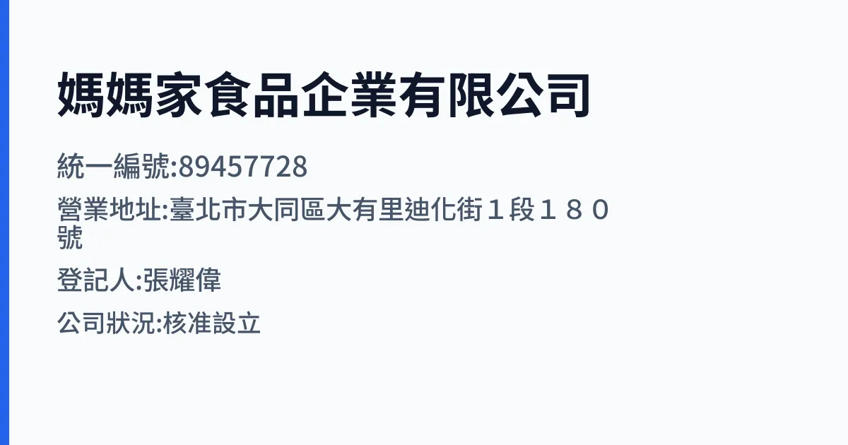 媽媽家食品企業有限公司 - 統編 89457728(臺北市) 公司登記資料與營業項目詳細圖表