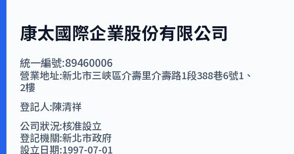 康太國際企業股份有限公司的照片-統編 89460006(新北市) 公司登記資料與營業項目詳細圖表